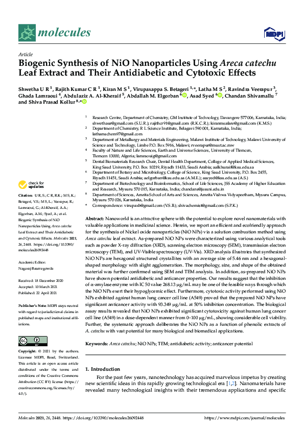 (PDF) Biogenic Synthesis of NiO Nanoparticles Using Areca catechu Leaf Extract and Their ...