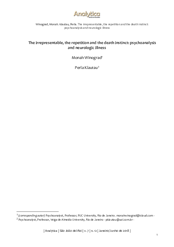 (PDF) The irrepresentable, the repetition and the death instinct ...