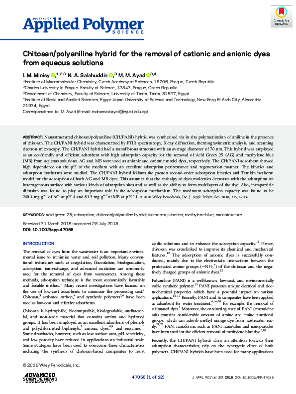 (PDF) Chitosan/polyaniline hybrid for the removal of cationic and anionic dyes from aqueous ...