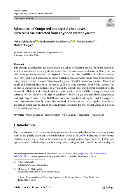 (PDF) Adsorption of Congo red and crystal violet dyes onto cellulose extracted from Egyptian ...