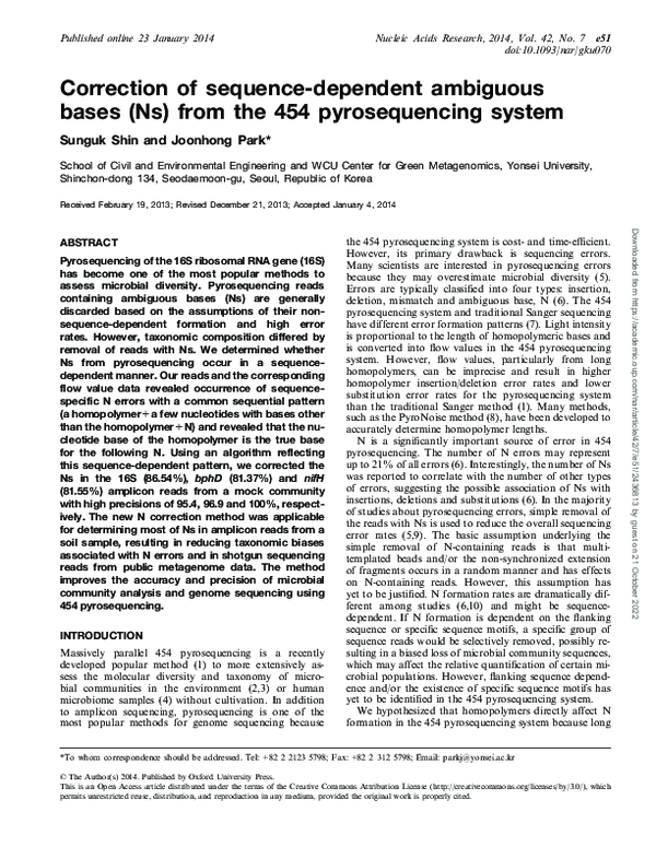 (PDF) Correction of sequence-dependent ambiguous bases (Ns) from the 454 pyrosequencing system