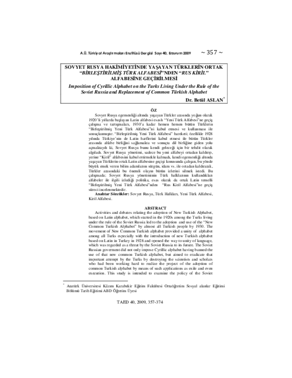 (PDF) Sovyet Rusya Hakimiyetinde Yaşayan Türklerin Ortak "Birleştirilmiş Türk Alfabesi"Nden "Rus ...