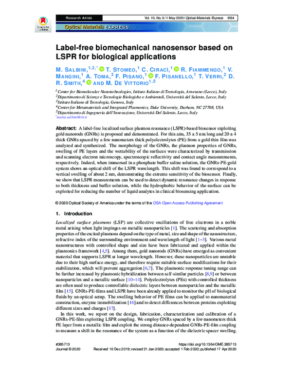 (PDF) Label-free biomechanical nanosensor based on LSPR for biological ...