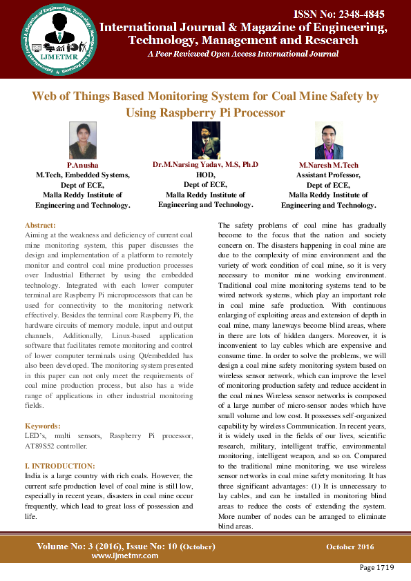 Pdf Web Of Things Based Monitoring System For Coal Mine Safety By Using Raspberry Pi Processor