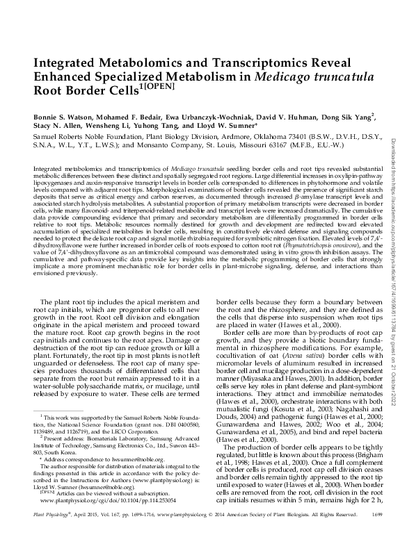 Integrated Metabolomics and Transcriptomics Reveal Enhanced Specialized Metabolism in Medicago ...
