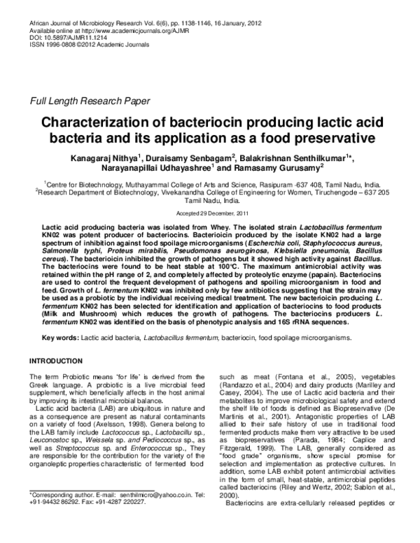 (PDF) Characterization of lactic acid bacteria producing bacteriocins against chicken Salmonella ...