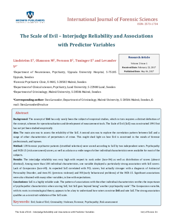 (PDF) The Scale of Evil – Interjudge Reliability and Associations with ...
