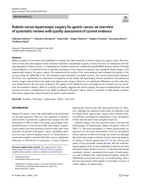 (PDF) Robotic versus laparoscopic surgery for gastric cancer: an overview of systematic reviews ...