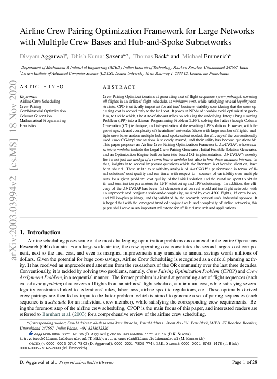 (PDF) Airline Crew Pairing Optimization Framework for Large Networks with Multiple Crew Bases ...