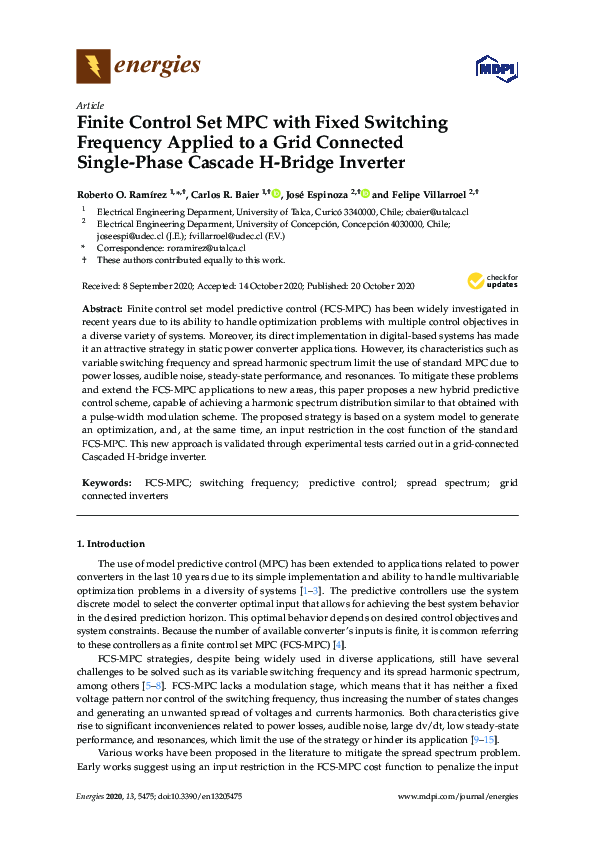 (PDF) Finite Control Set MPC with Fixed Switching Frequency Applied to a Grid Connected Single ...