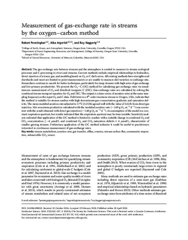 (PDF) Measurement of gas-exchange rate in streams by the oxygen–carbon ...