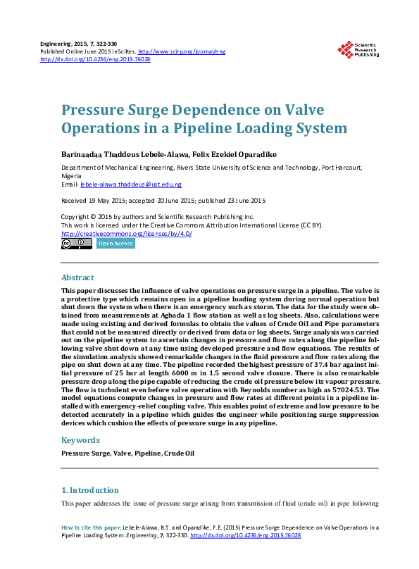 (PDF) Pressure Surge Dependence on Valve Operations in a Pipeline Loading System