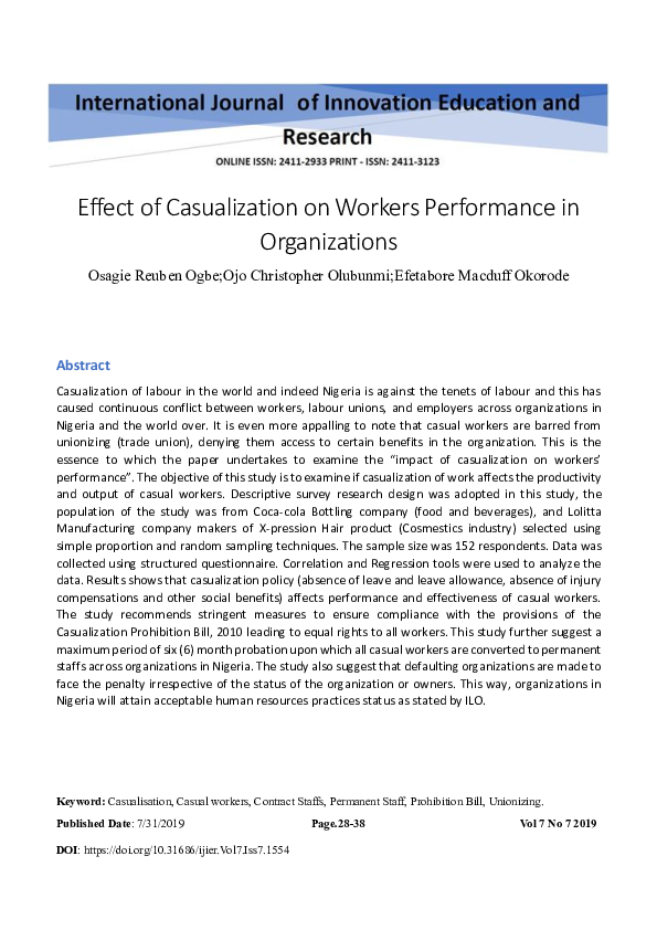 (PDF) Effect of Casualization on Workers Performance in Organizations
