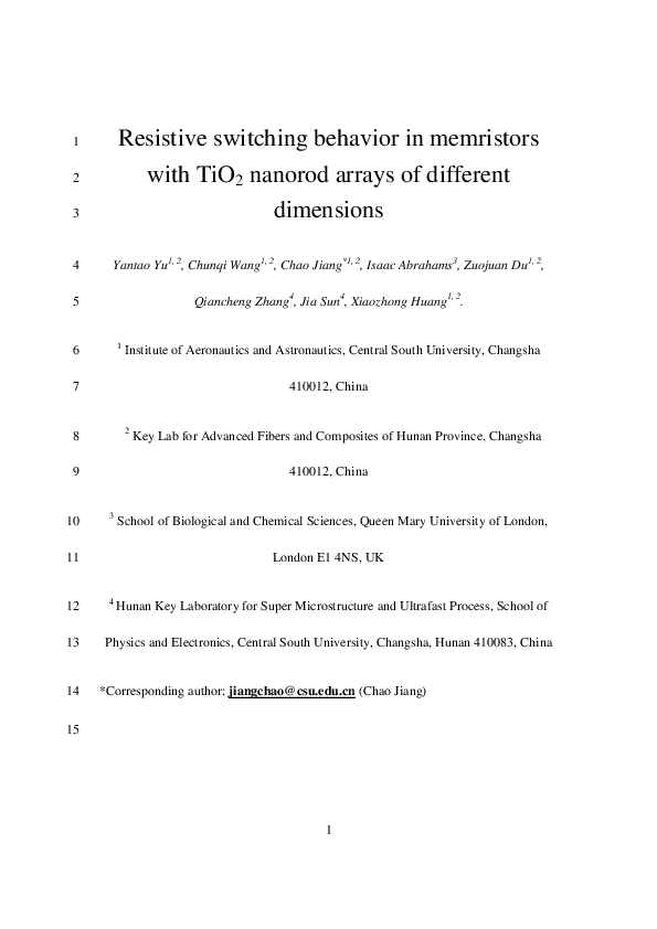 (PDF) Resistive switching behavior in memristors with TiO2 nanorod arrays of different dimensions