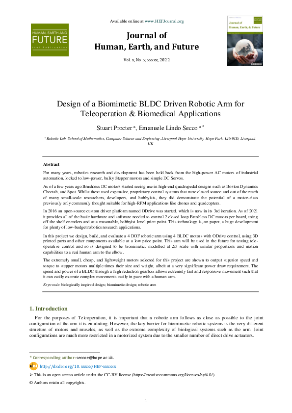 (PDF) Design of a Biomimetic BLDC Driven Robotic Arm for Teleoperation & Biomedical Applications