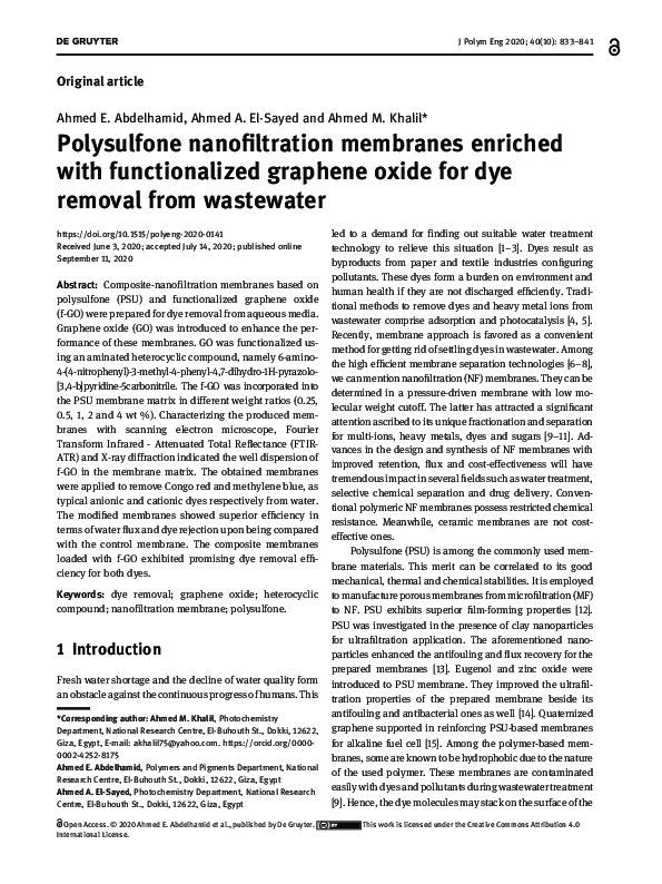 (PDF) Polysulfone nanofiltration membranes enriched with functionalized graphene oxide for dye ...