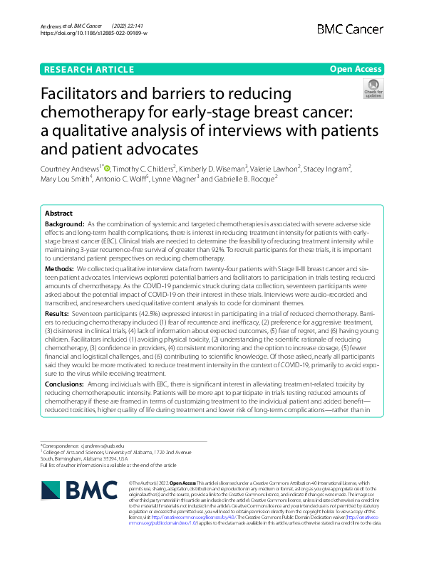 (PDF) Facilitators and barriers to reducing chemotherapy for early ...