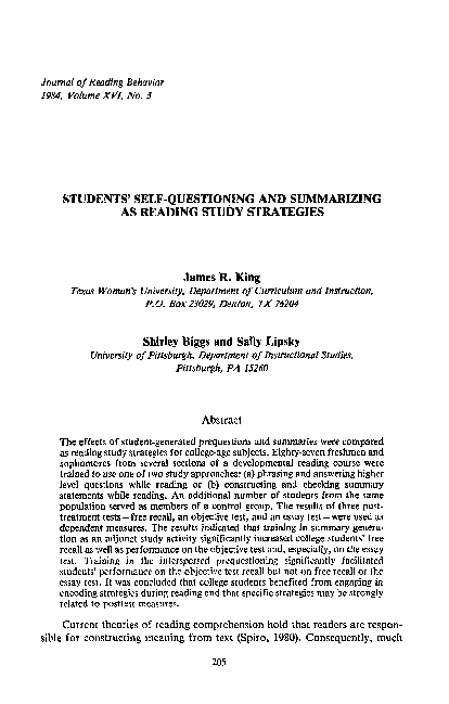 (PDF) Students' Self-Questioning and Summarizing as Reading Study ...