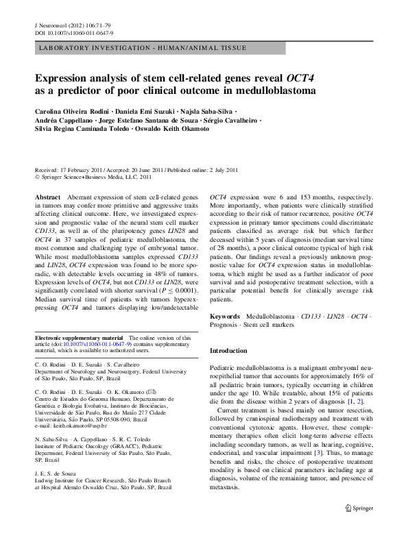(PDF) OCT4 Expression Predicts Poor Outcomes in Medulloblastoma