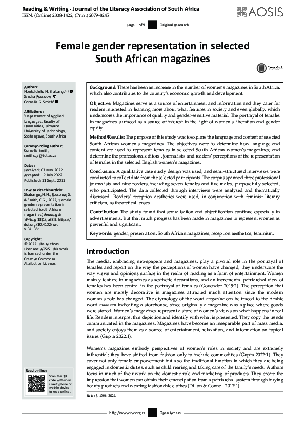 (PDF) Female gender representation in selected South African magazines
