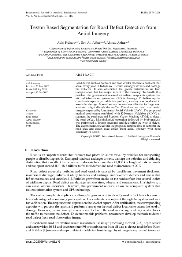 Pdf Texton Based Segmentation For Road Defect Detection From Aerial Imagery
