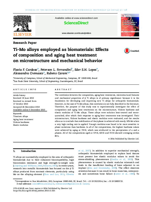(PDF) Ti–Mo alloys employed as biomaterials: Effects of composition and aging heat treatment on ...