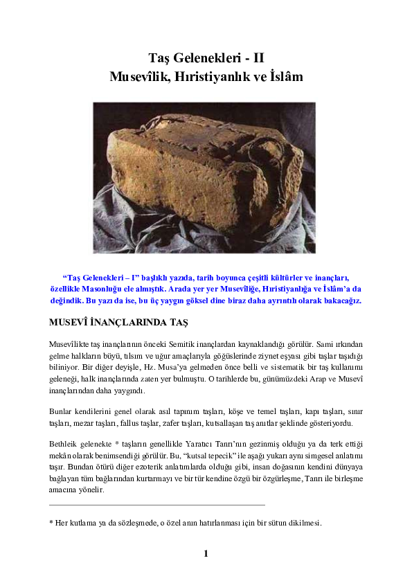 (PDF) Taş Gelenekleri -II Musevîlik, Hıristiyanlık ve İslâm