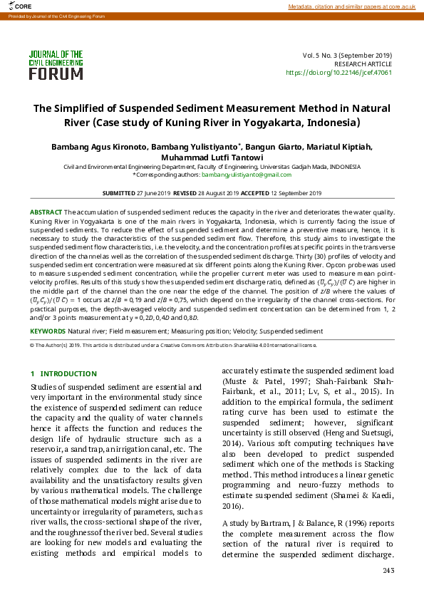 (PDF) The Simplified of Suspended Sediment Measurement Method in Natural River (Case study of ...