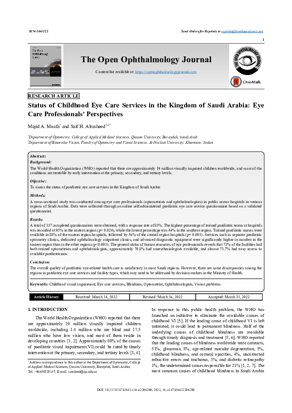 (PDF) Status of Childhood Eye Care Services in the Kingdom of Saudi Arabia: Eye Care ...