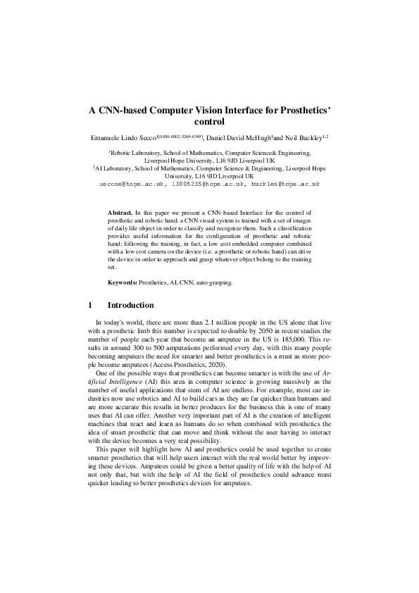 (PDF) A CNN-based Computer Vision Interface for Prosthetics' control