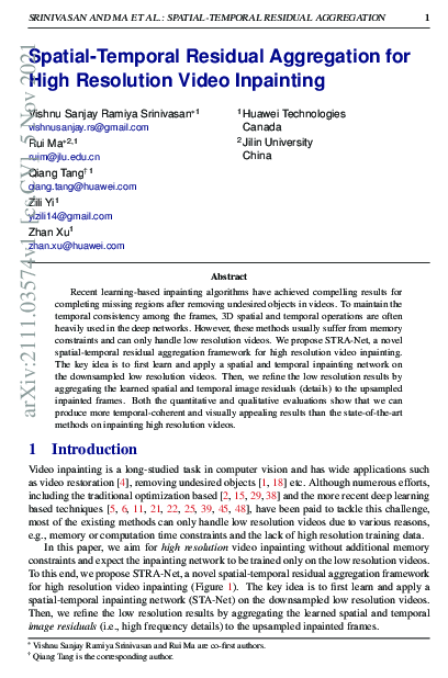 (PDF) Spatial-Temporal Residual Aggregation for High Resolution Video Inpainting