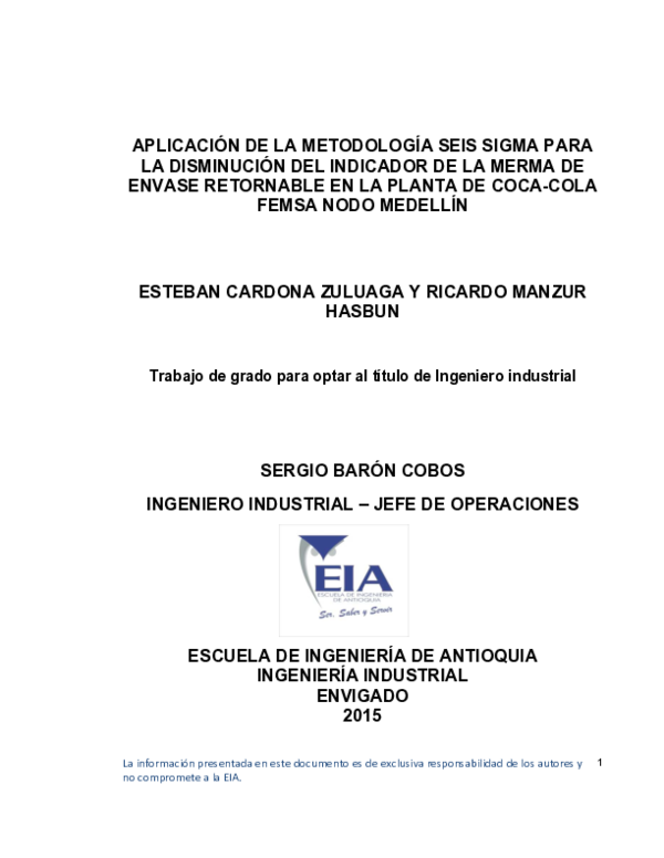(PDF) Aplicación de la metodología seis sigma para la disminución del ...