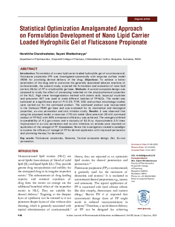Pdf Statistical Optimization Amalgamated Approach On Formulation Development Of Nano Lipid