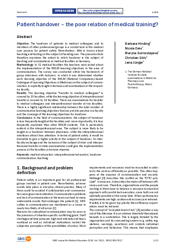 (PDF) Patient handover – the poor relation of medical training?