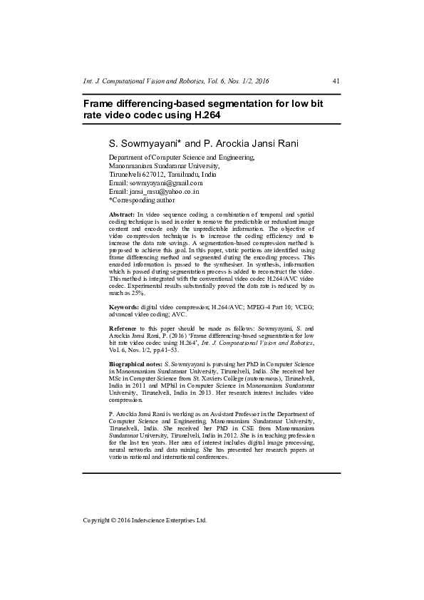 (PDF) Frame differencing-based segmentation for low bit rate video codec using H.264