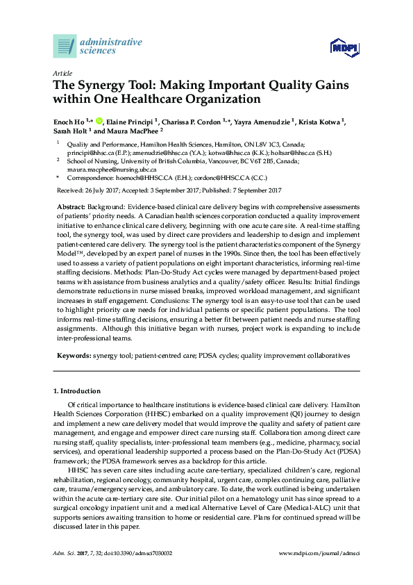 The Synergy Tool: Making Important Quality Gains within One Healthcare ...