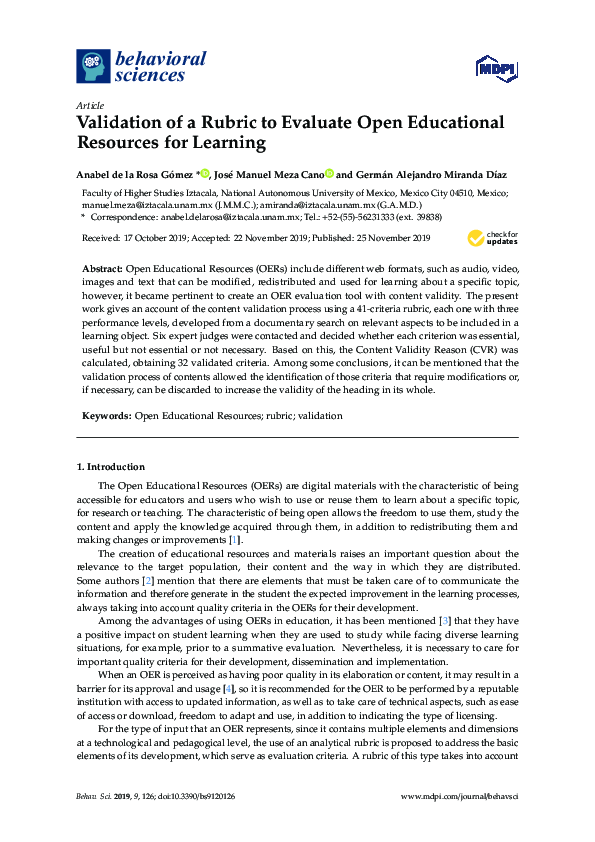 (PDF) Validation of a Rubric to Evaluate Open Educational Resources for Learning