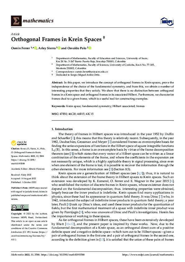 (PDF) Orthogonal Frames in Krein Spaces