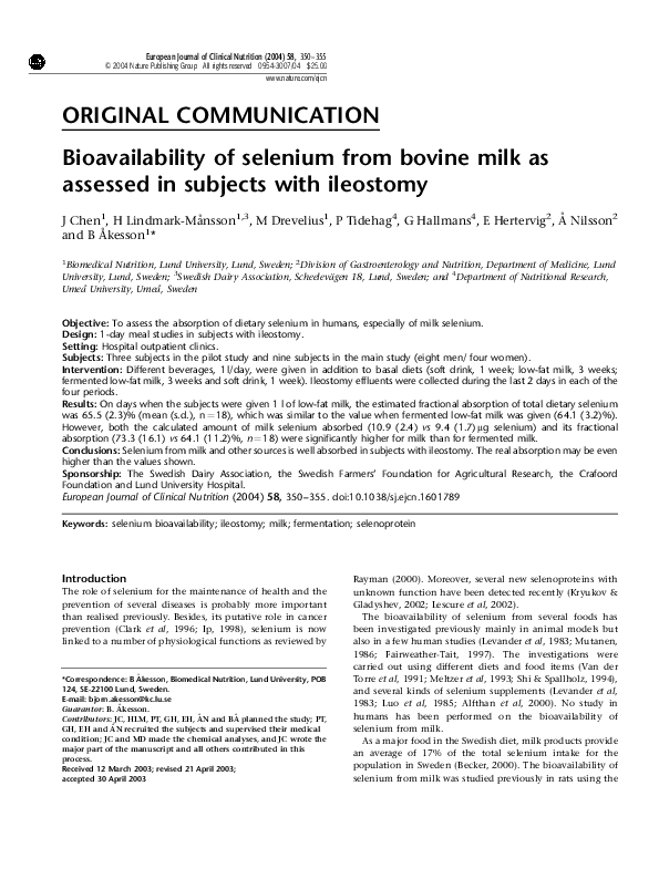 Bioavailability Of Selenium From Bovine Milk As Assessed In Subjects