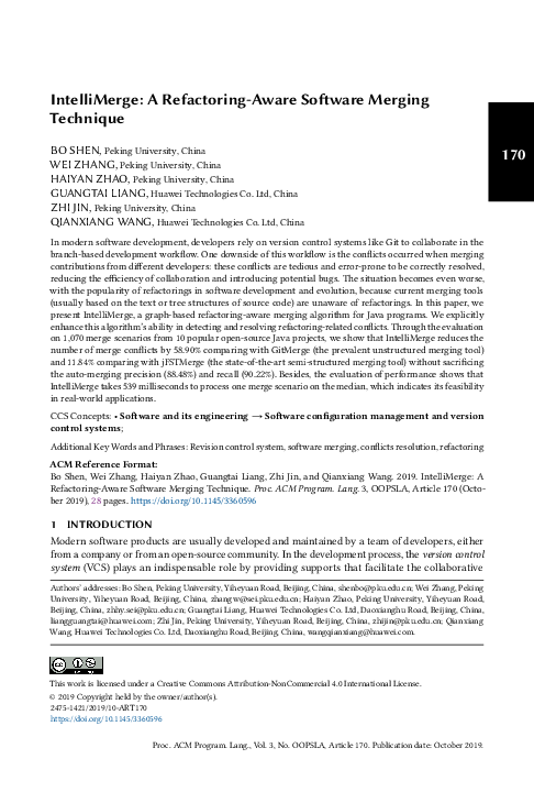 (PDF) IntelliMerge: a refactoring-aware software merging technique