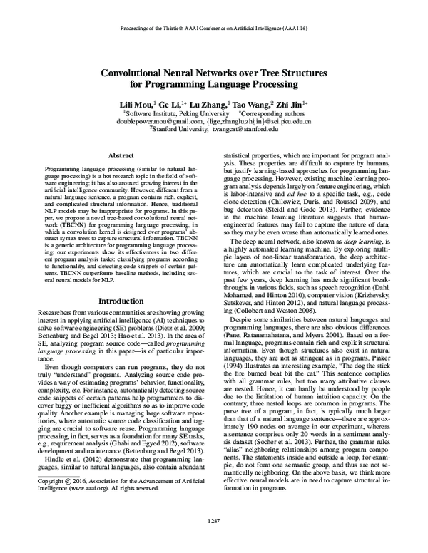 (PDF) Convolutional Neural Networks over Tree Structures for Programming Language Processing