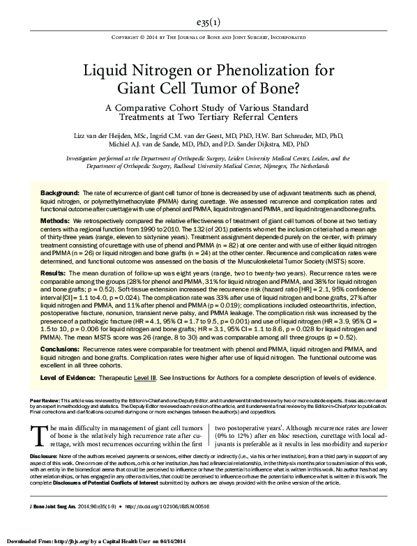 (PDF) Liquid Nitrogen or Phenolization for Giant Cell Tumor of Bone?