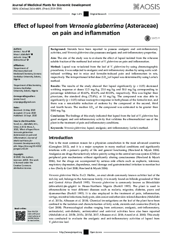 (PDF) Effect of lupeol from Vernonia glaberrima (Asteraceae) on pain ...