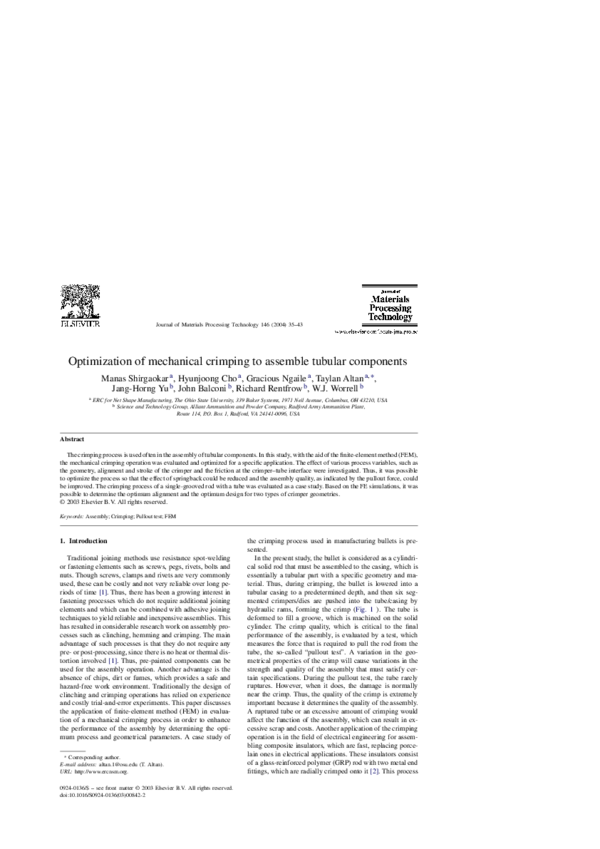 (PDF) Optimization of mechanical crimping to assemble tubular components