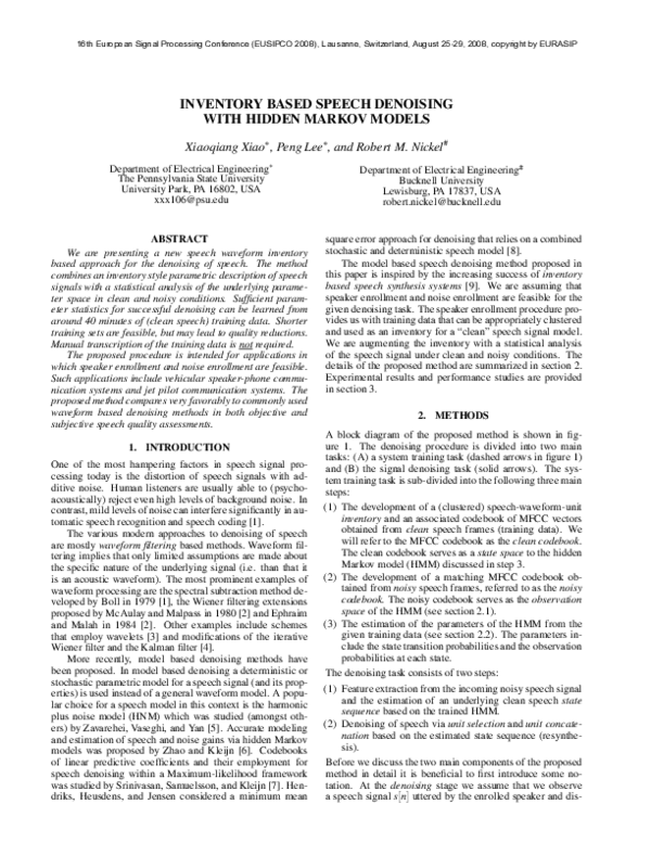 (PDF) Inventory Based Speech Denoising With Hidden Markov Models