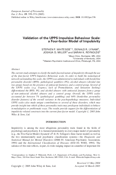 (PDF) Validation of the UPPS impulsive behaviour scale: a four‐factor ...