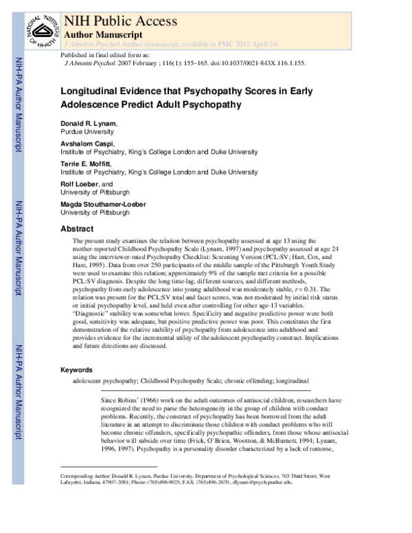 (PDF) Longitudinal evidence that psychopathy scores in early ...