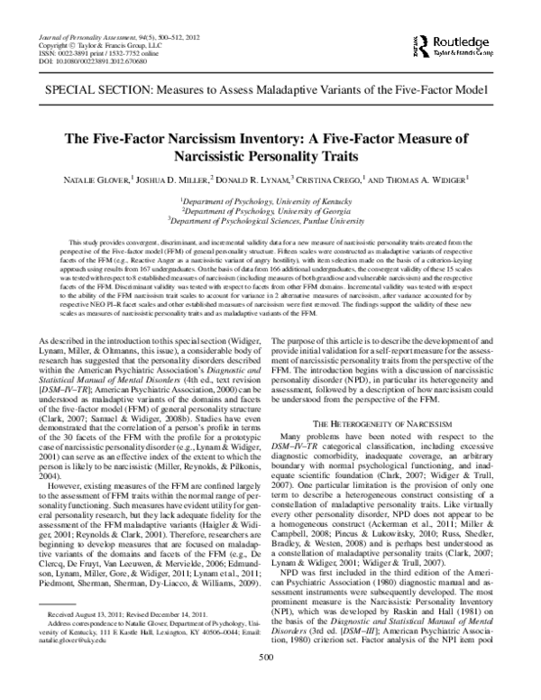 (PDF) The Five-Factor Narcissism Inventory: A Five-Factor Measure of Narcissistic Personality Traits