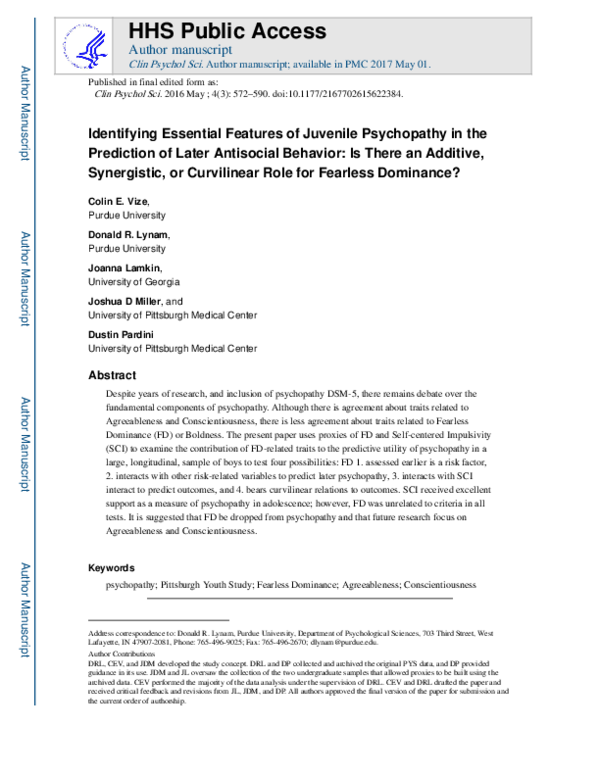 (PDF) Identifying Essential Features of Juvenile Psychopathy in the ...