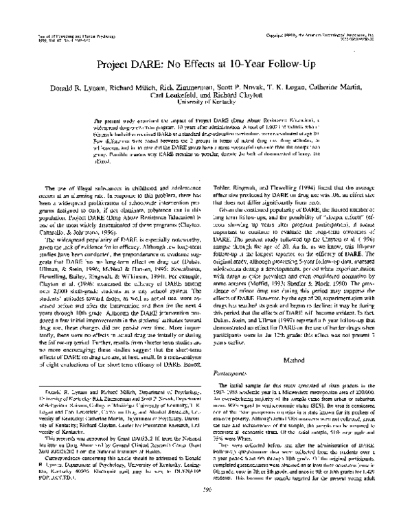 (PDF) Project DARE: No effects at 10-year follow-up
